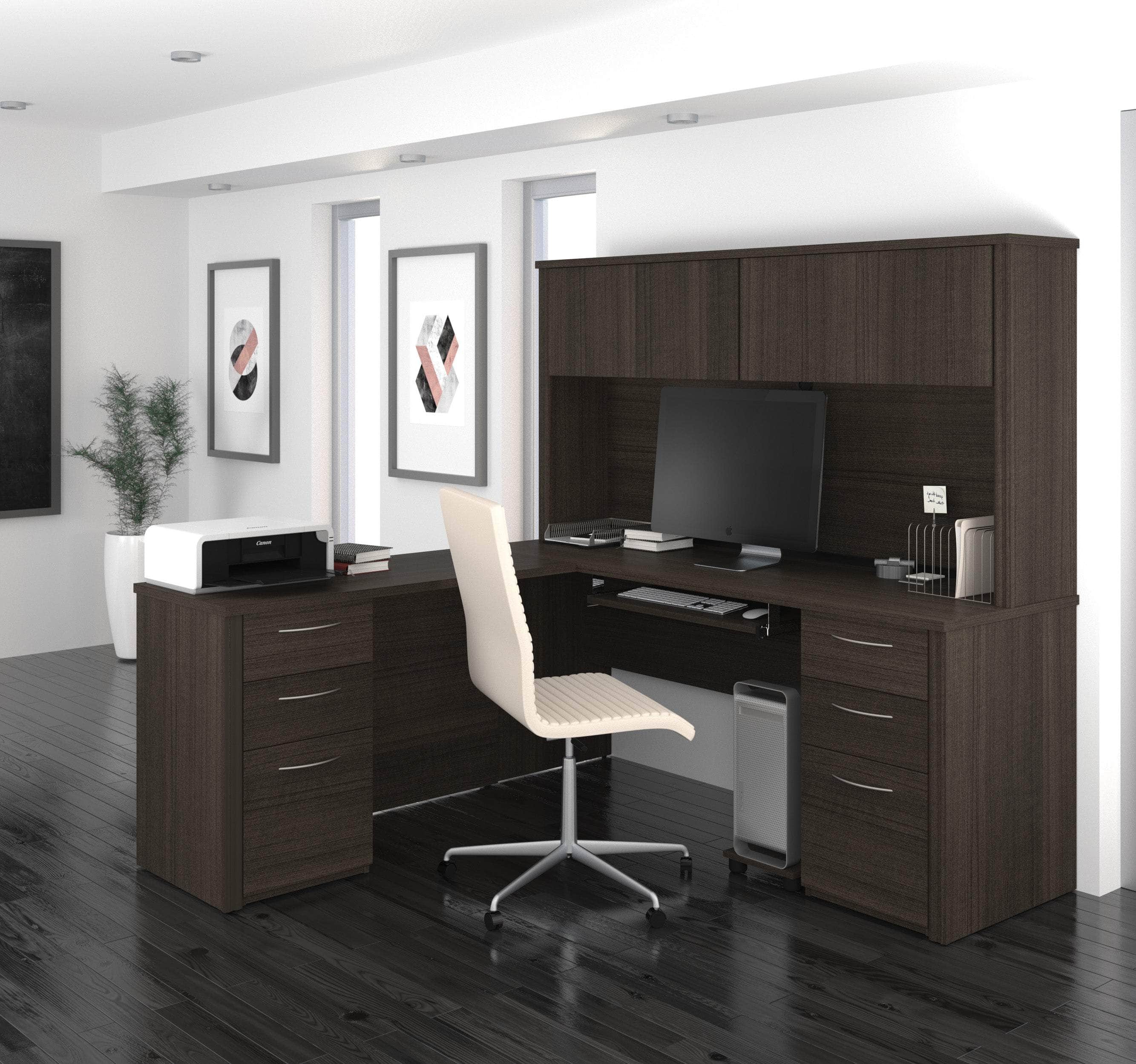 Modubox Embassy 72W L-Shaped Desk with Hutch and 2 Pedestals in Dark ...