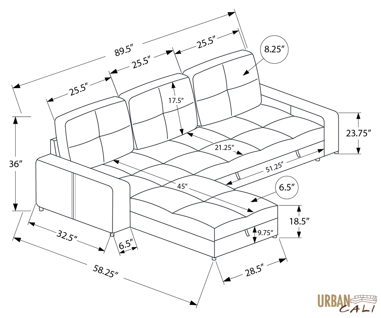 Urban Cali Venice Sleeper Sectional Sofa Bed with Reversible Storage ...