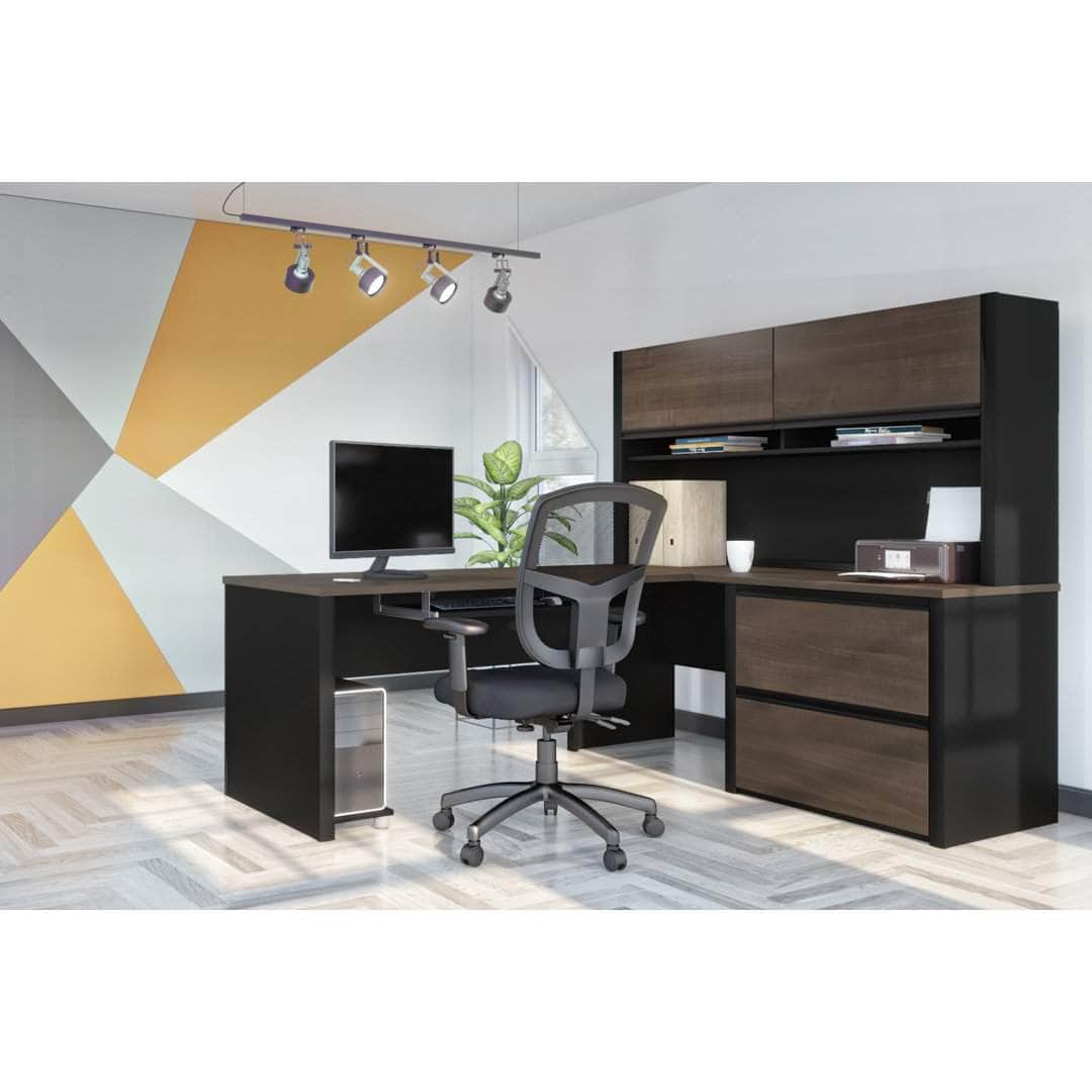 Modubox Connexion L-Shaped Desk with Lateral File Cabinet and Hutch ...