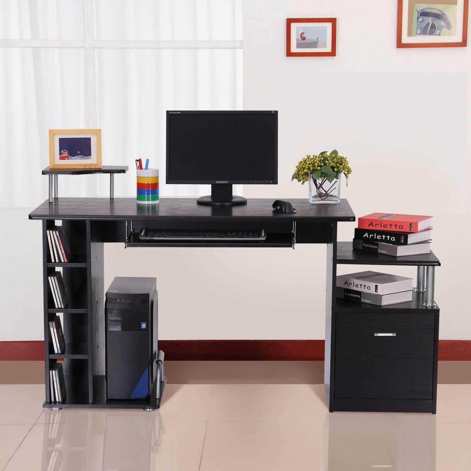 Homcom 59.8 Inch Computer Laptop Desk with Drawer Shelf in Black ...