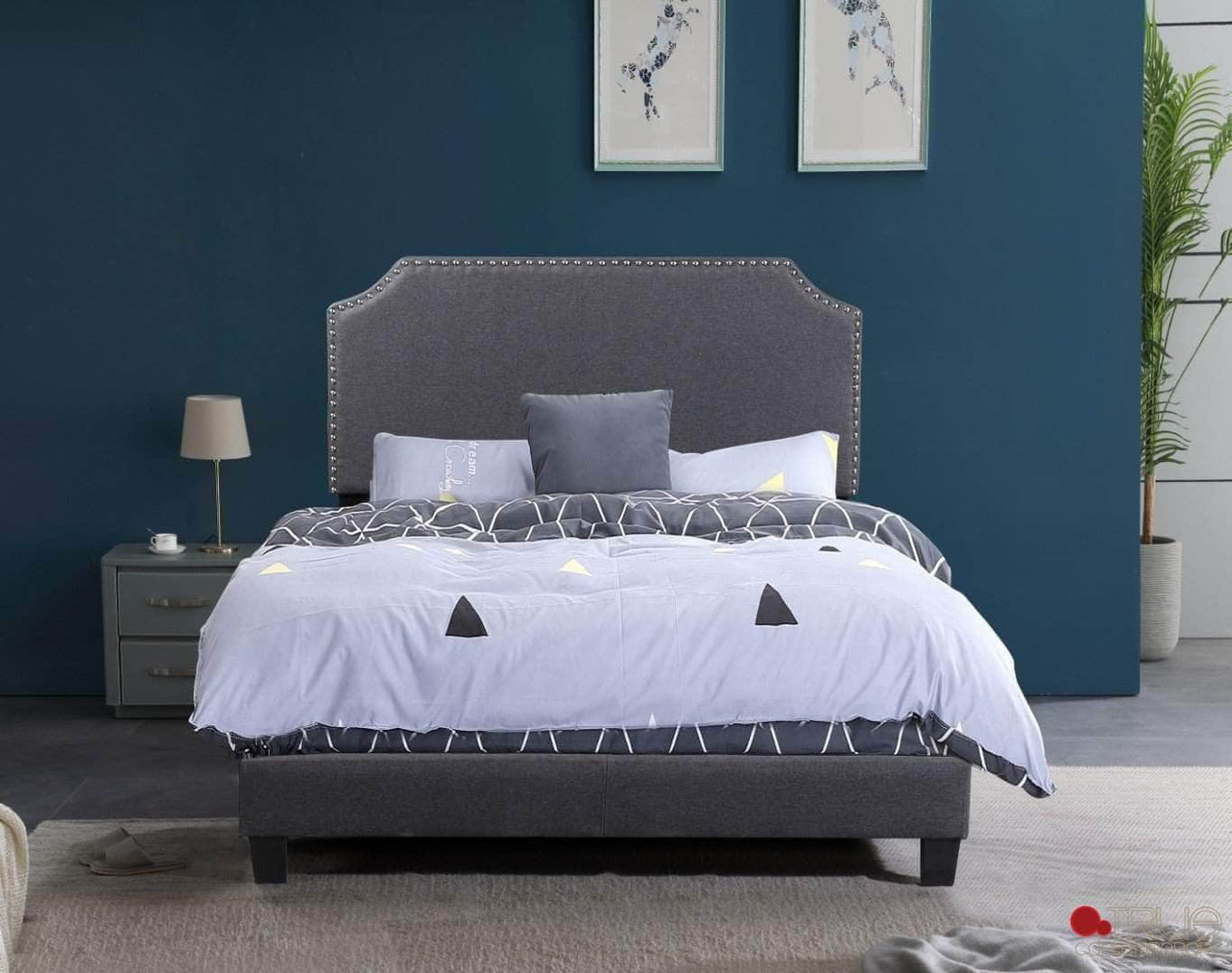 True Contemporary Markle Dark Grey Linen Upholstered Platform Bed with ...