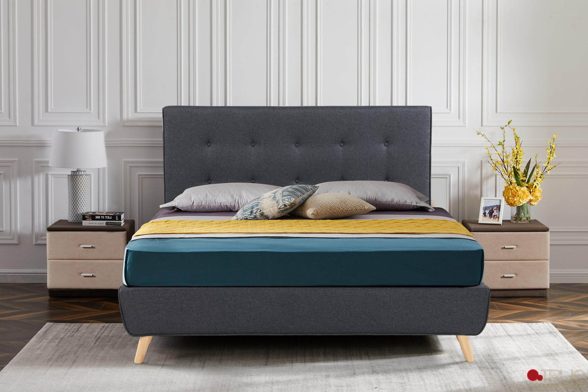 True Contemporary Charlotte Grey Tufted Linen Platform Bed with Three ...