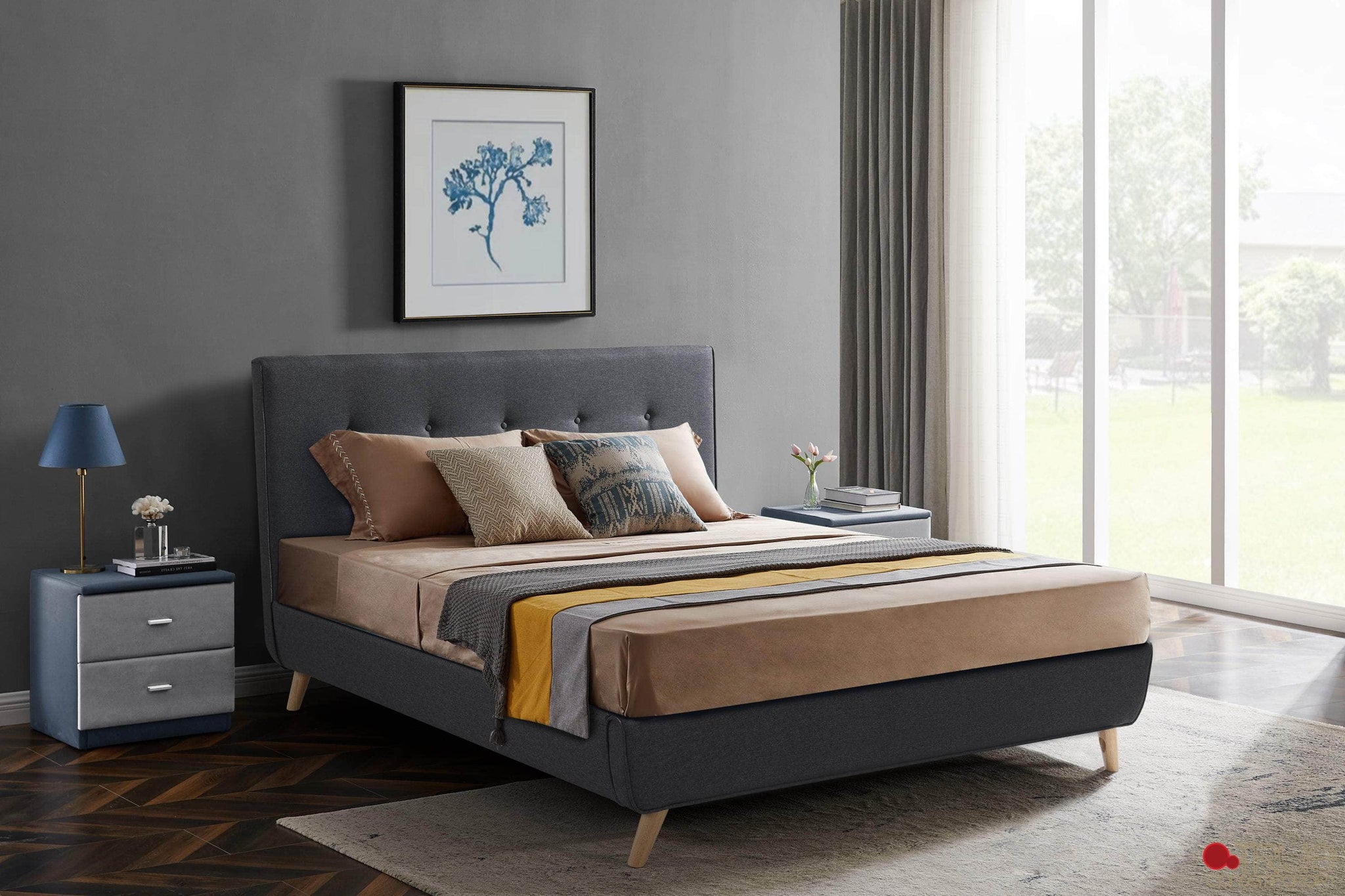 True Contemporary Charlotte Grey Tufted Linen Platform Bed with Three ...